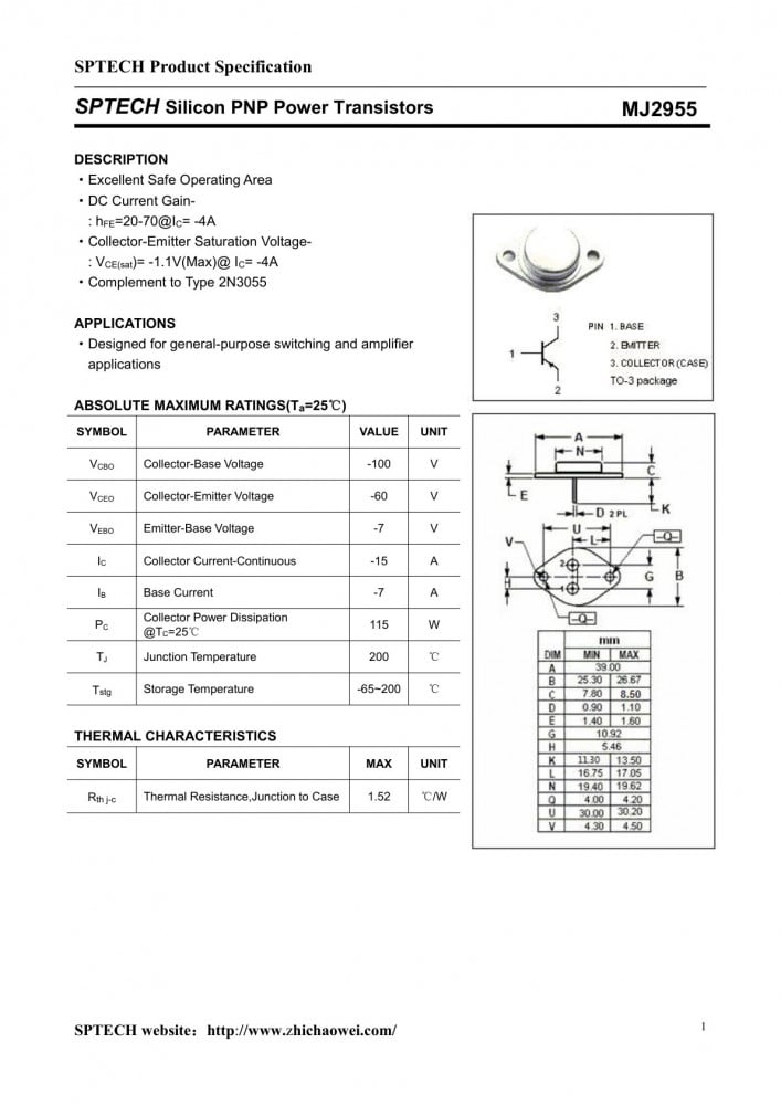 SPTECH MJ2955 datasheet page 1