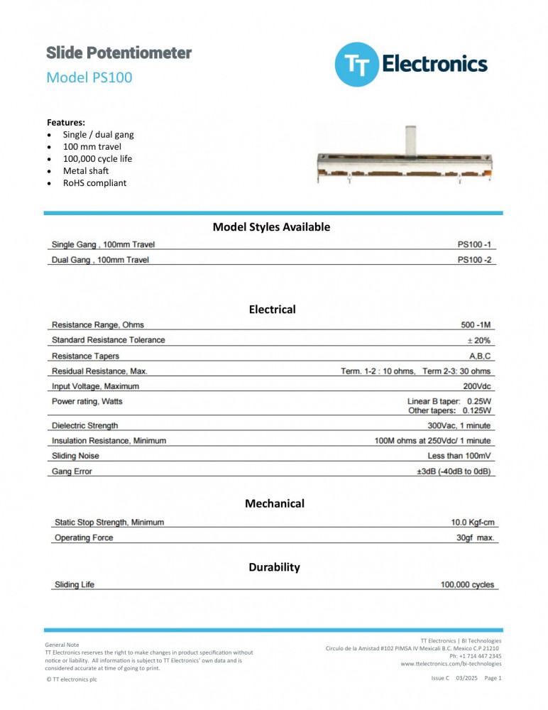 PS100 series technical document, page 1