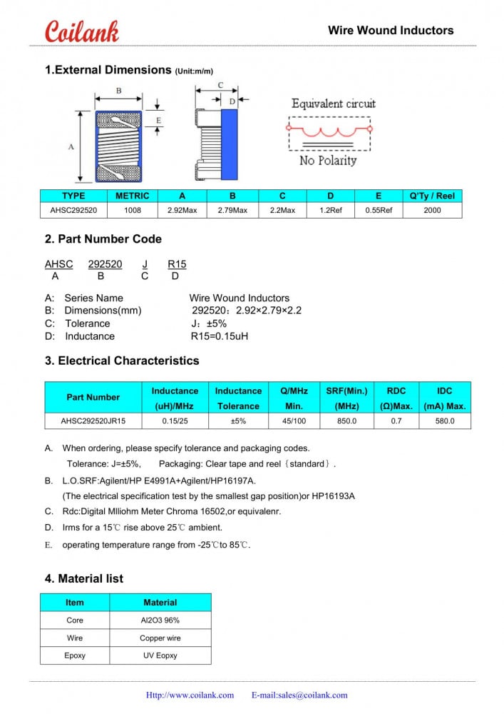 Coilank AHSC292520JR15 technical document