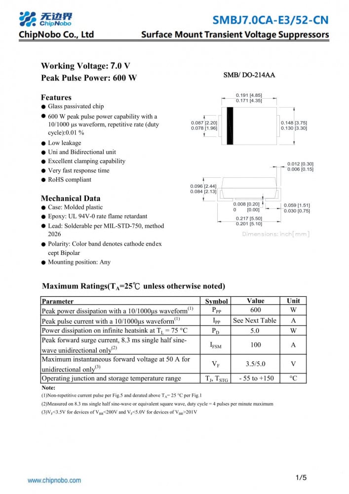 SMBJ7.0CA-E3/52-CN datasheet page 1