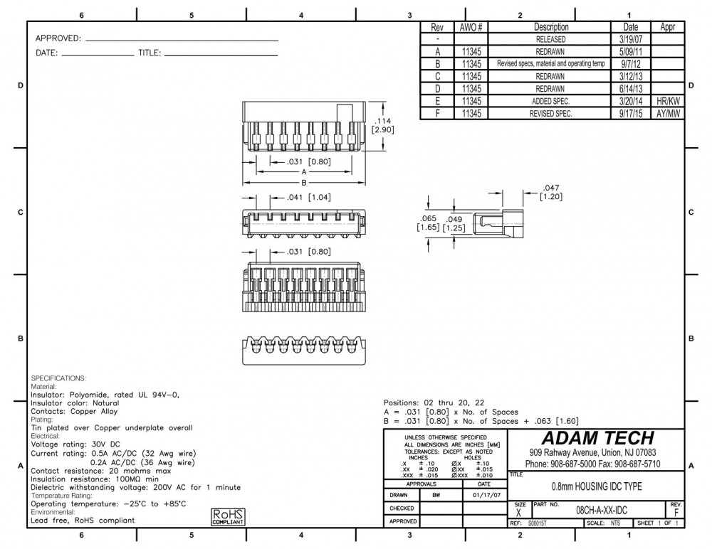 ADAM TECH 08CH-A-08-IDC technical drawing and specification sheet