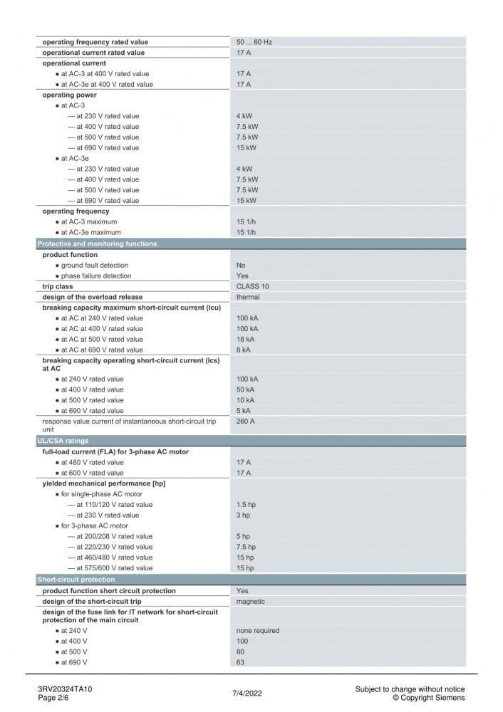 3RV20324TA10 technical document page 2