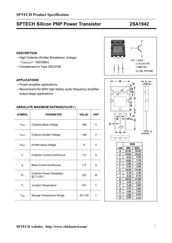 SPTECH 2SA1942 datasheet page 1