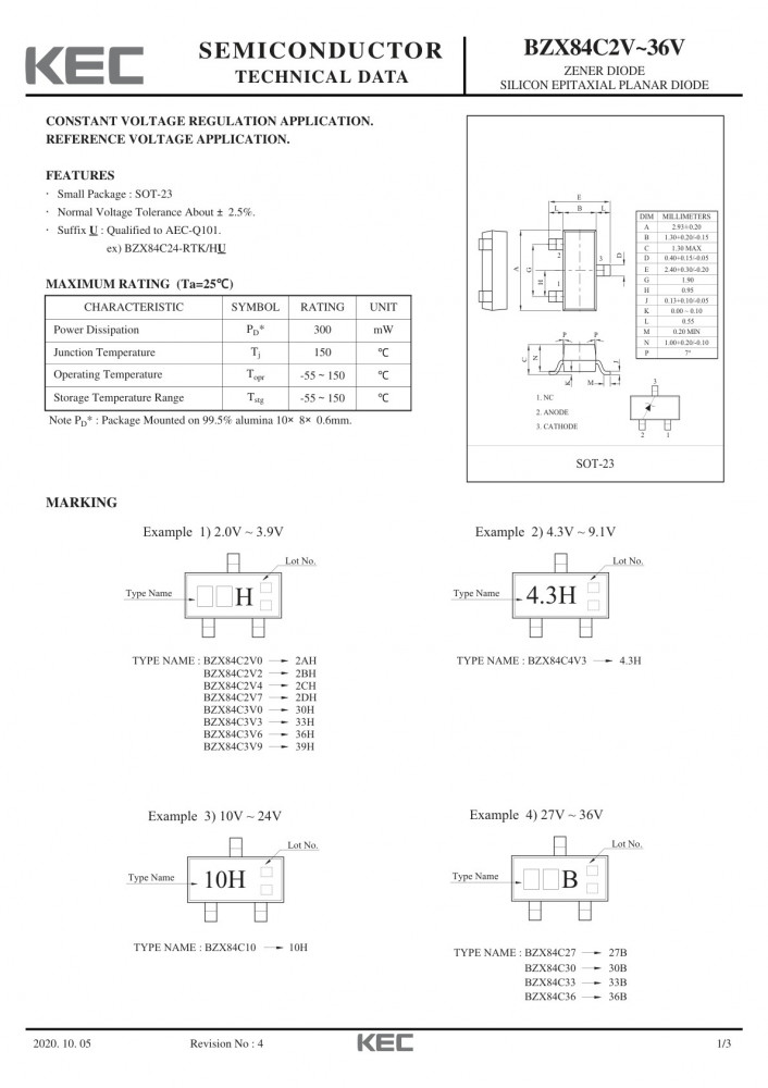 KEC BZX84C series datasheet page 1
