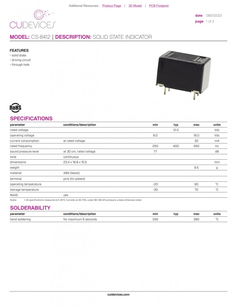 CUI CS-8412 datasheet page 1