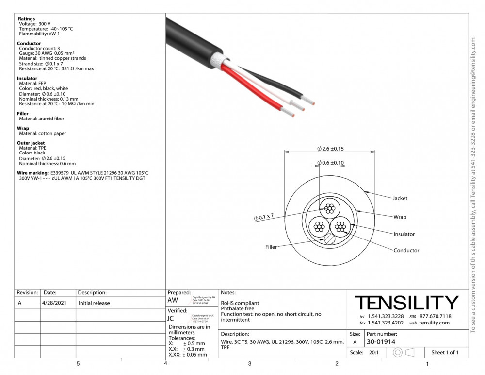 Technical drawing for Tensility International cable model 30-01914