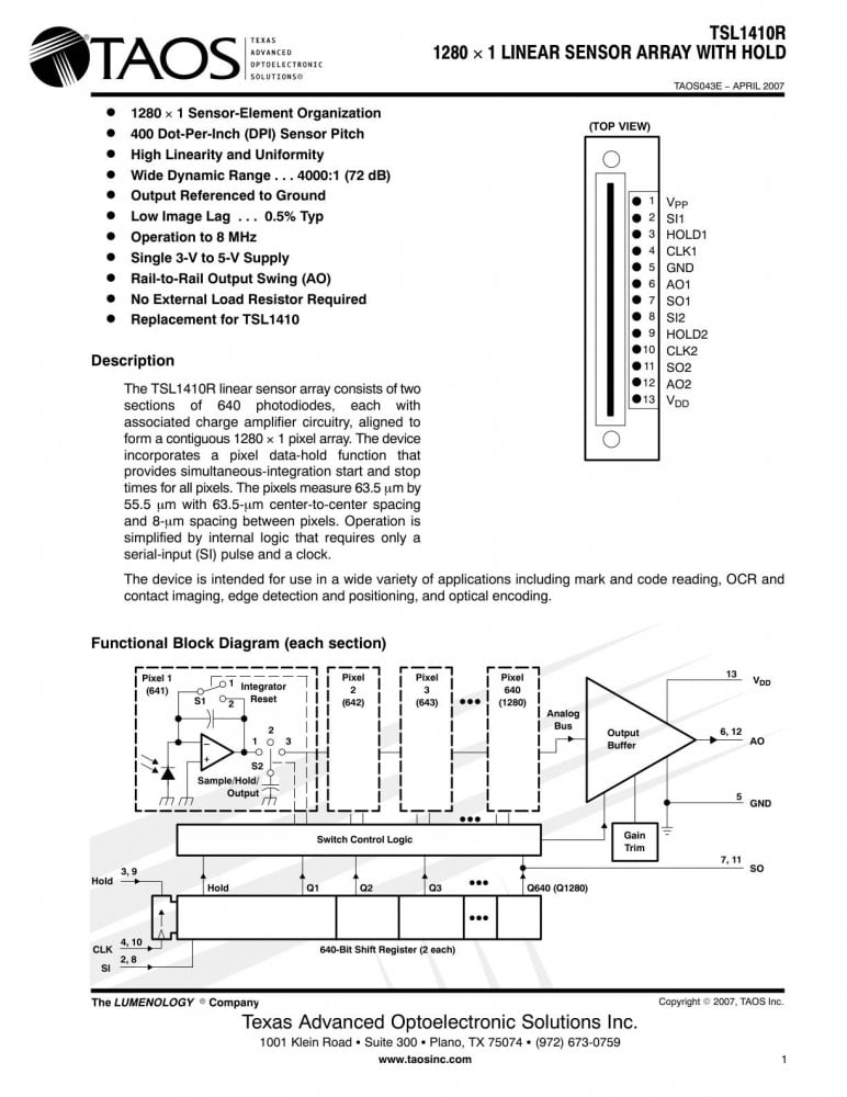 TSL1410R datasheet page 1