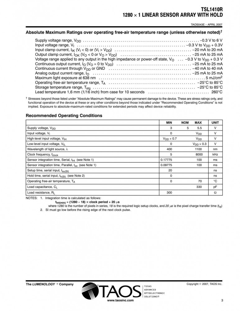 TSL1410R datasheet page 3