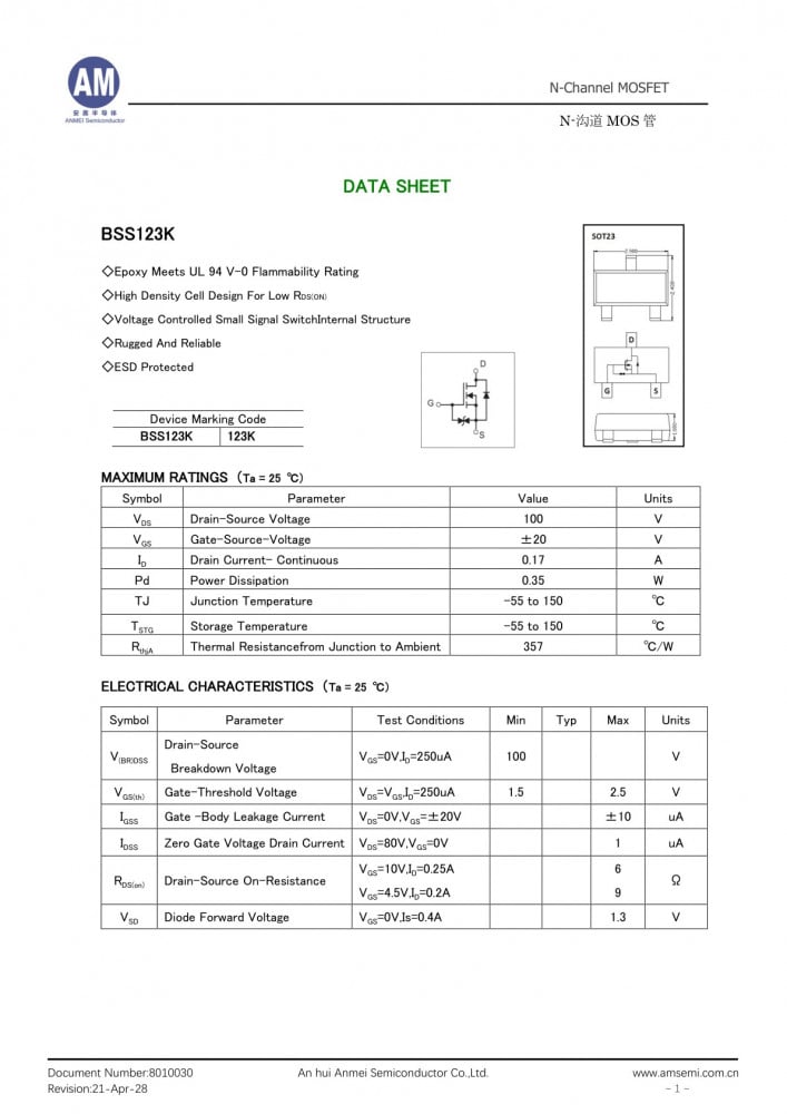 BSS123K datasheet page 1