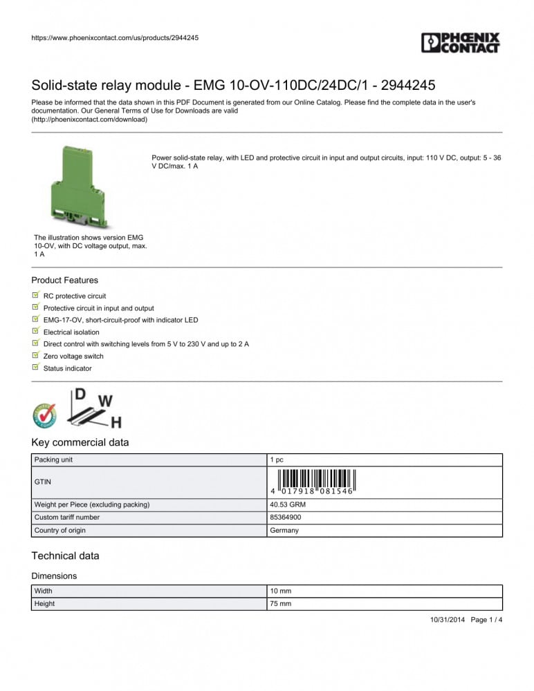 Phoenix Contact 2944245 technical document page 1
