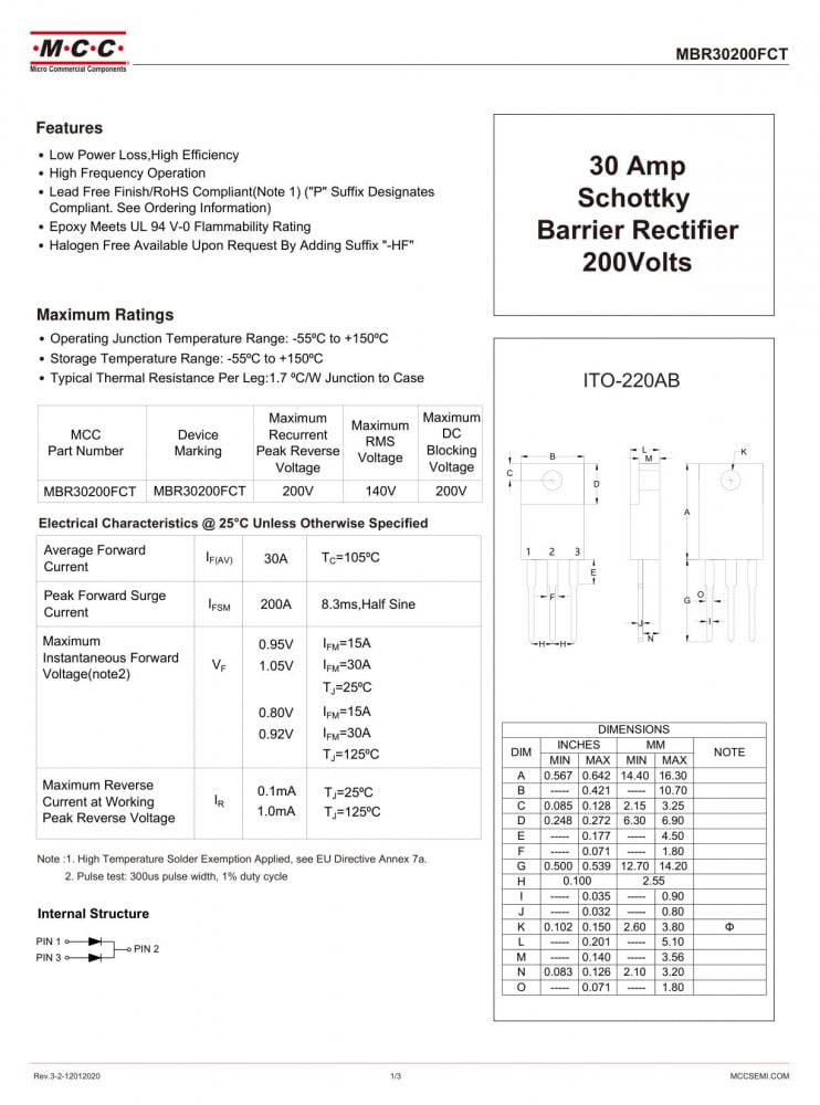 MBR30200FCT-BP datasheet page 1