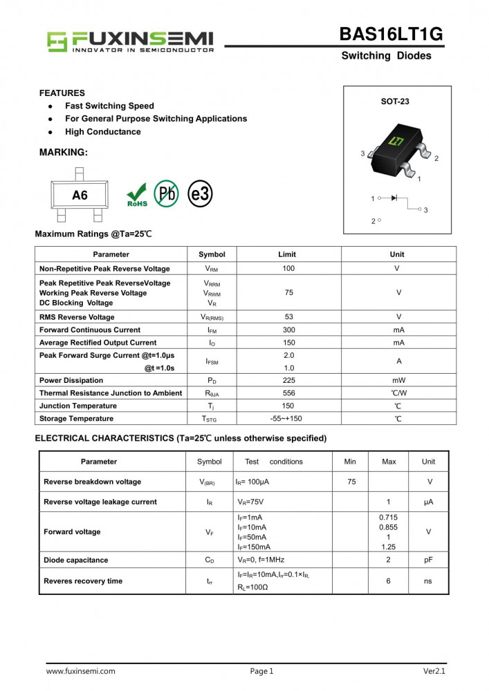 BAS16LT1G technical document page 1