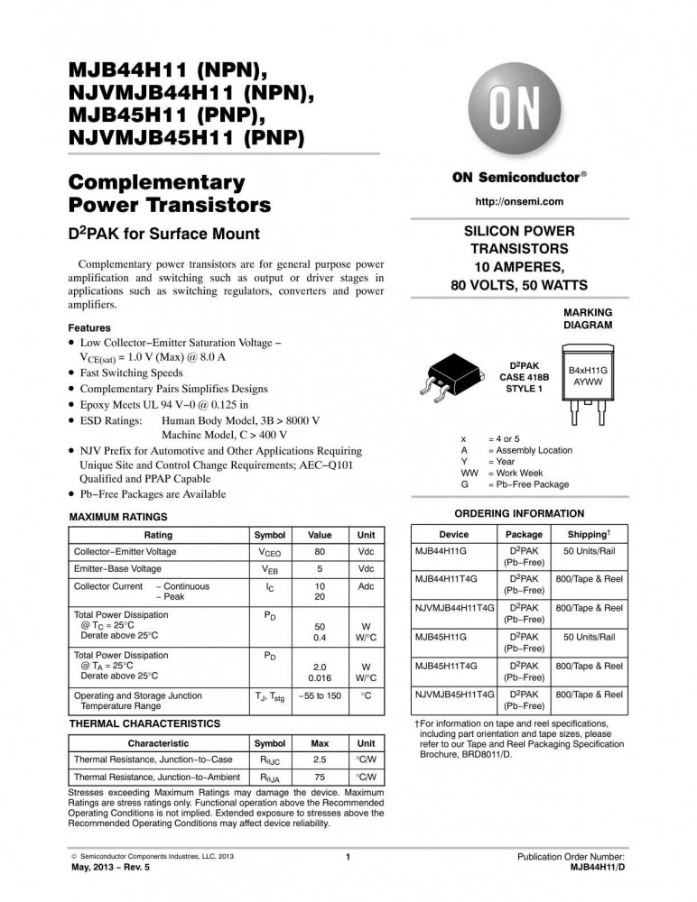 MJB45H11T4G technical document page 1