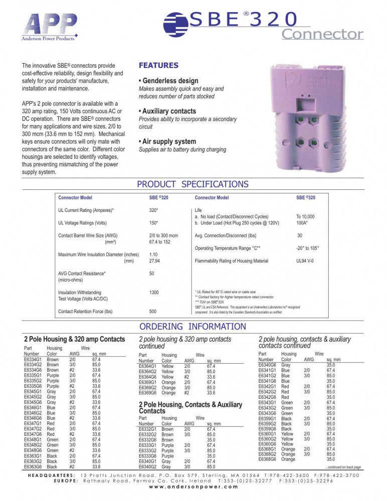 Anderson Power SBE connector product specification page