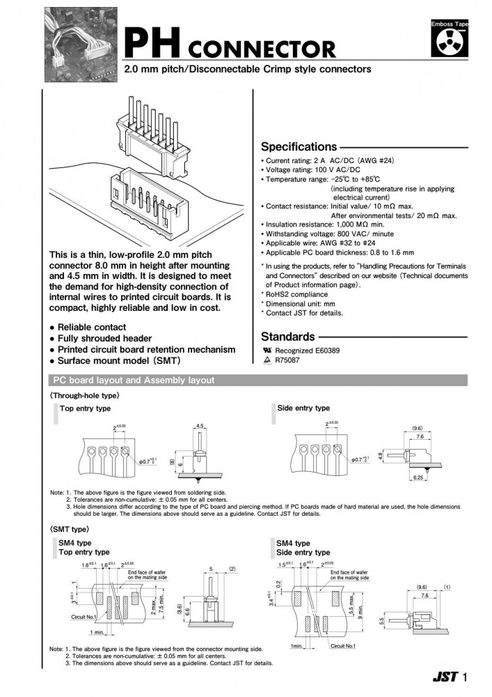 JST PH connector technical document page 1