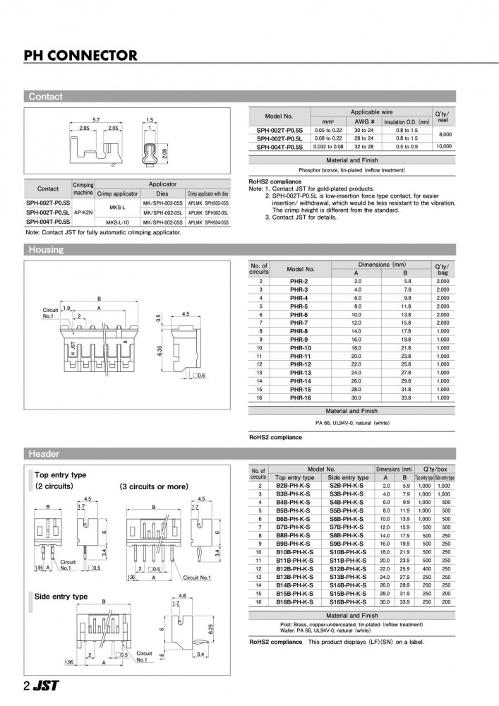 JST PH connector technical document page 2
