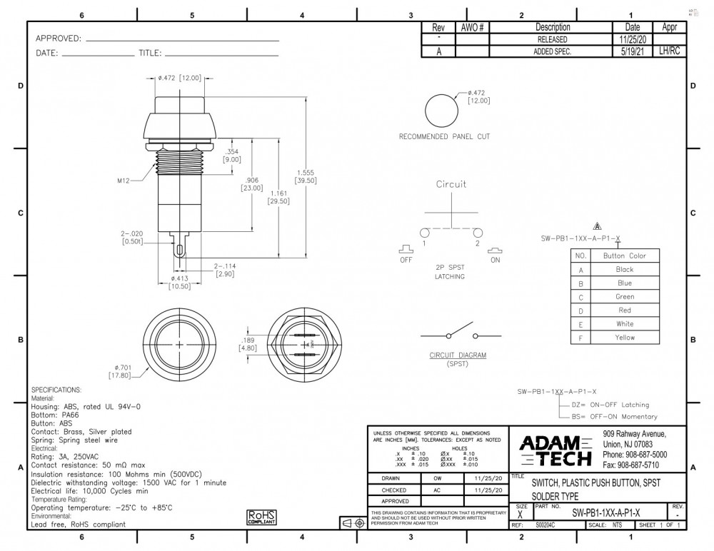 ADAM TECH SW-PB1-1XX-A-P1-X product drawing and specification sheet