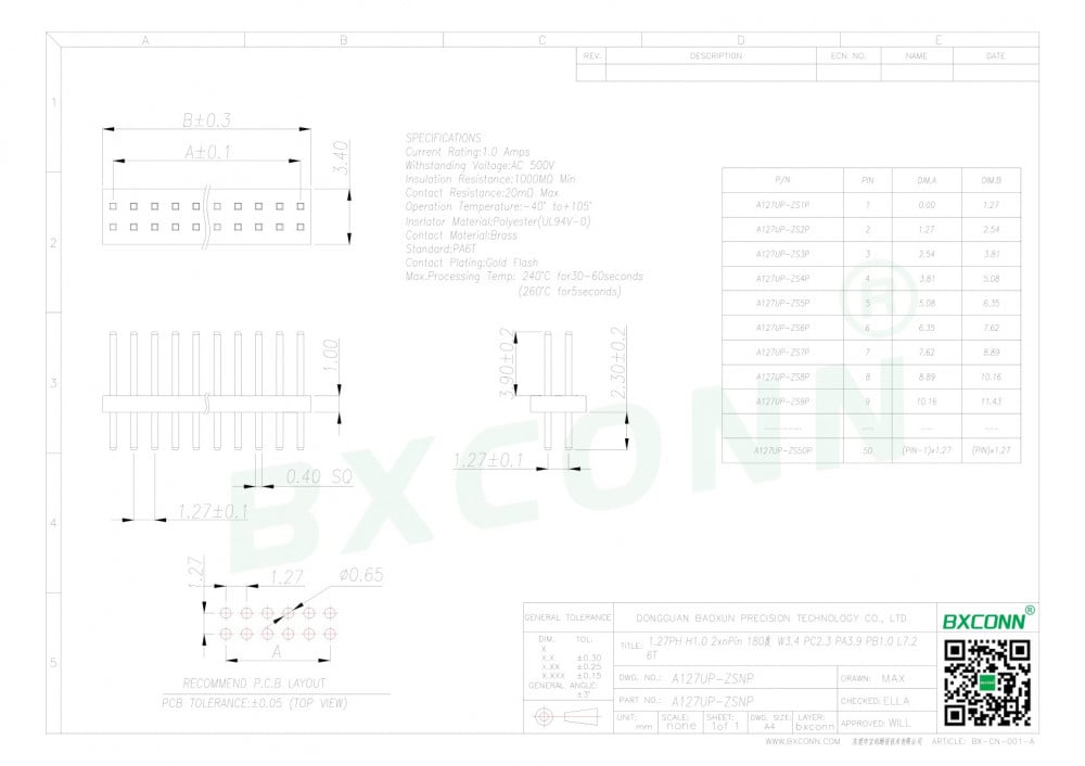 BXCONN A127UP-ZS03P technical drawing page