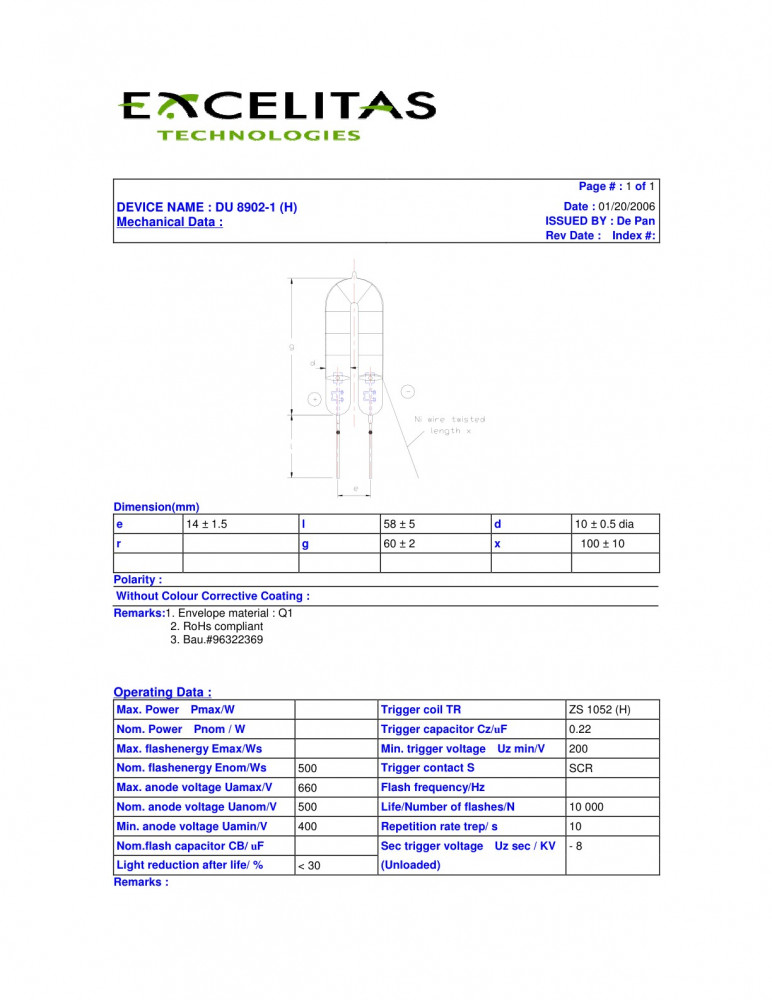 DU 8902-1(H) mechanical drawing and operating data sheet