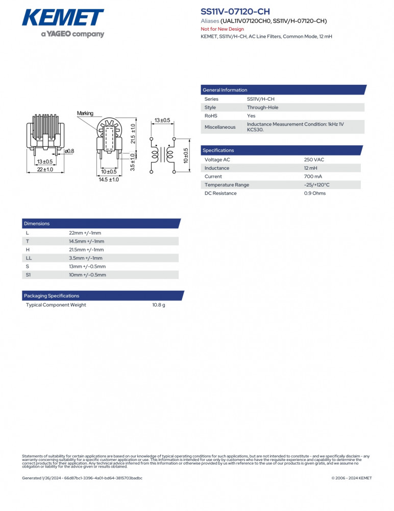 KEMET SS11V-07120-CH technical document page