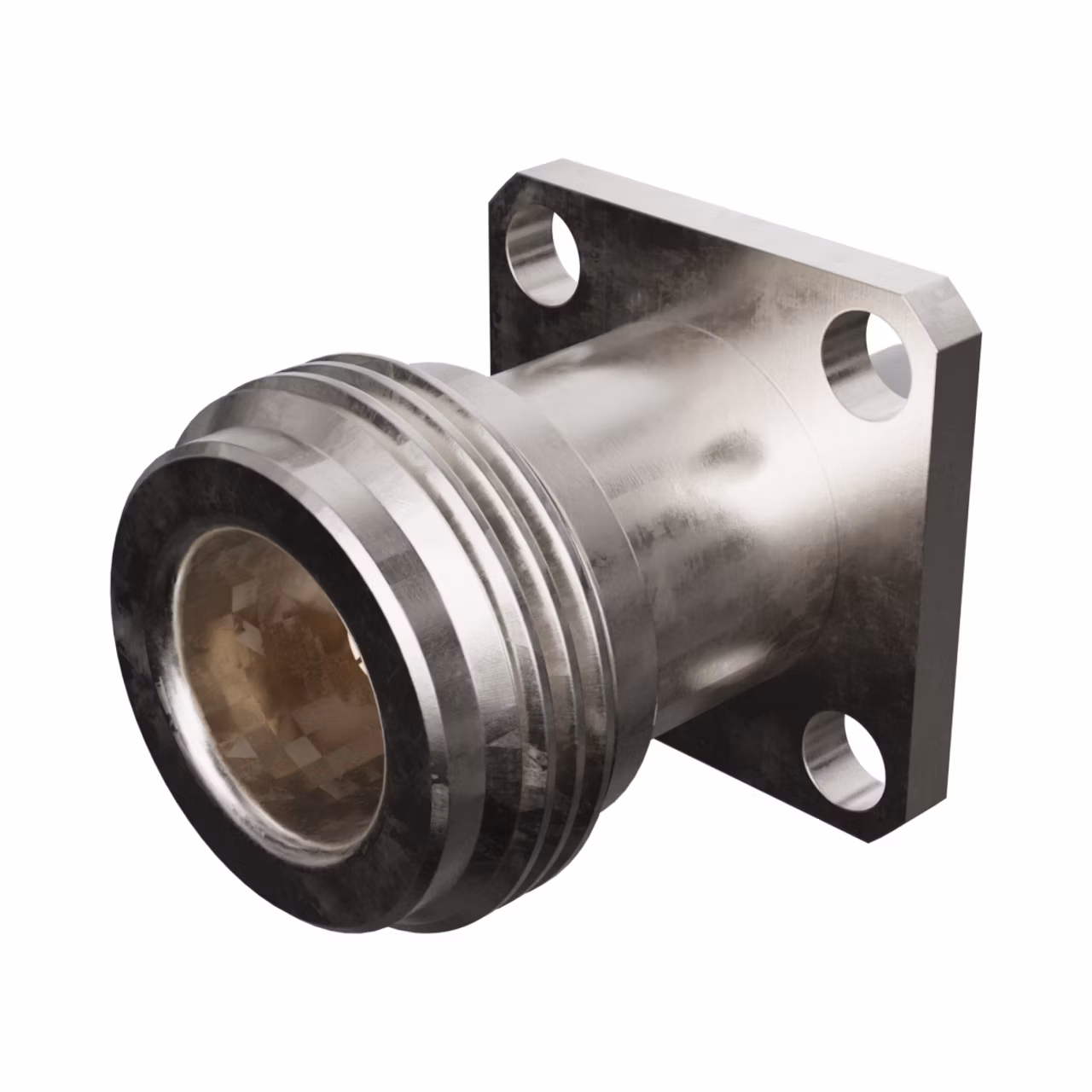 N Jack, Straight, 4-Hole Flange Mount, Receptacle, Brass Body, Nickel (Ni) Plated, Candlestick Contact, 11.00mm Length, Tray, 50 Ohms for sale