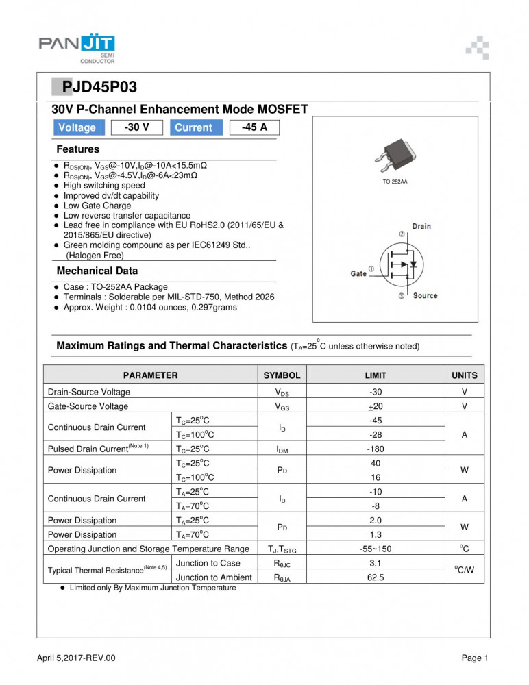 PJD45P03 datasheet page 1