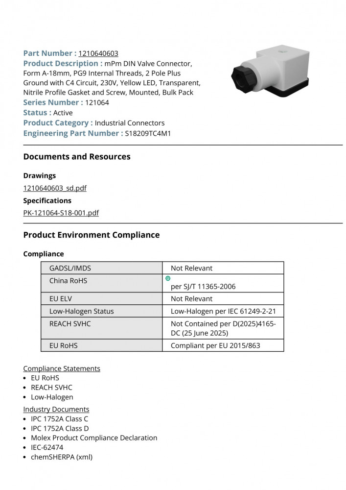 Molex DIN Valve Series S18 packaging specification page 1