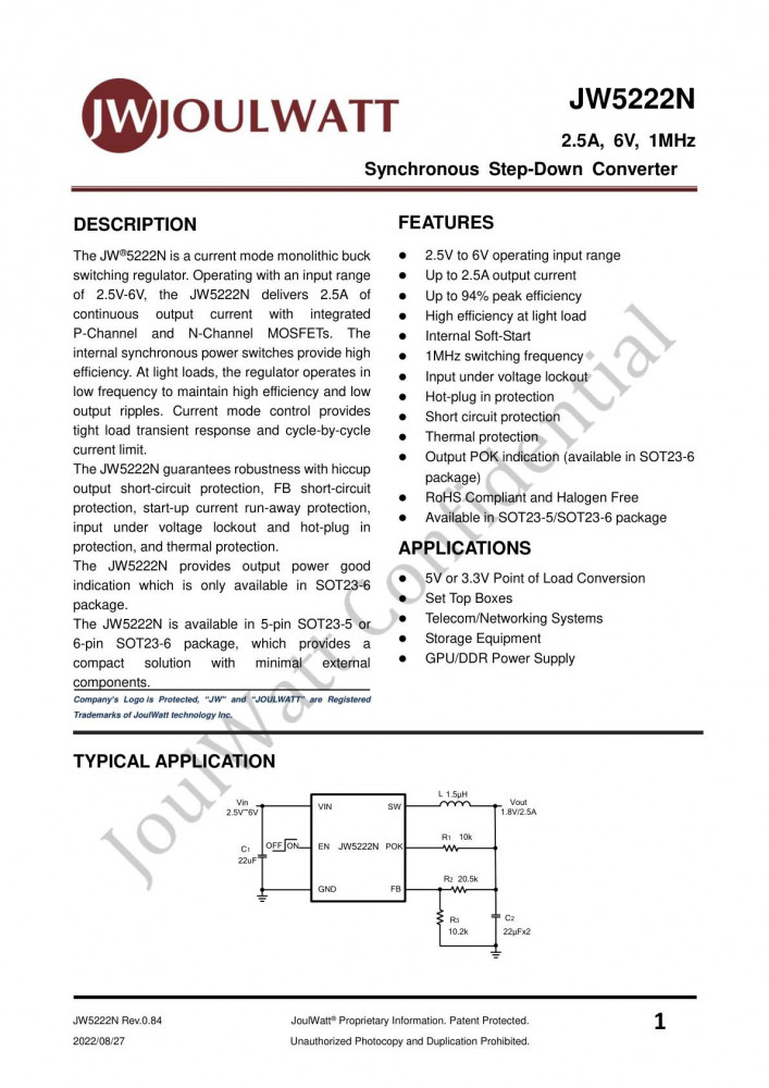 JW5222N datasheet page 1