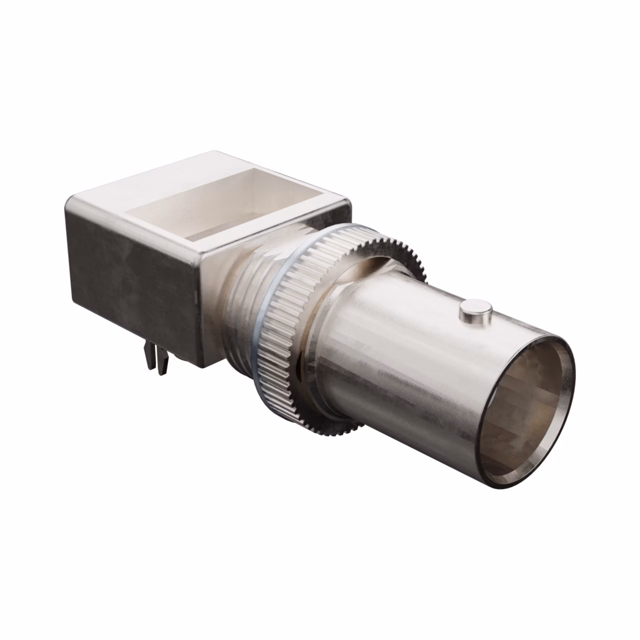 BNC Jack, Right-Angle, Bulkhead Receptacle, PCB, Die Cast Body, Bright Tin (Sn) Plated, Low Profile, Housing Height 8.69mm, Nut and Lockwasher Included, Tray 75 Ohms for sale