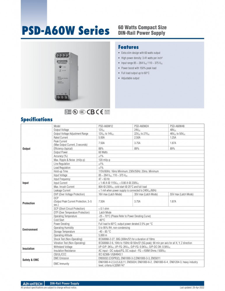 PSD-A60W Series product document page 1