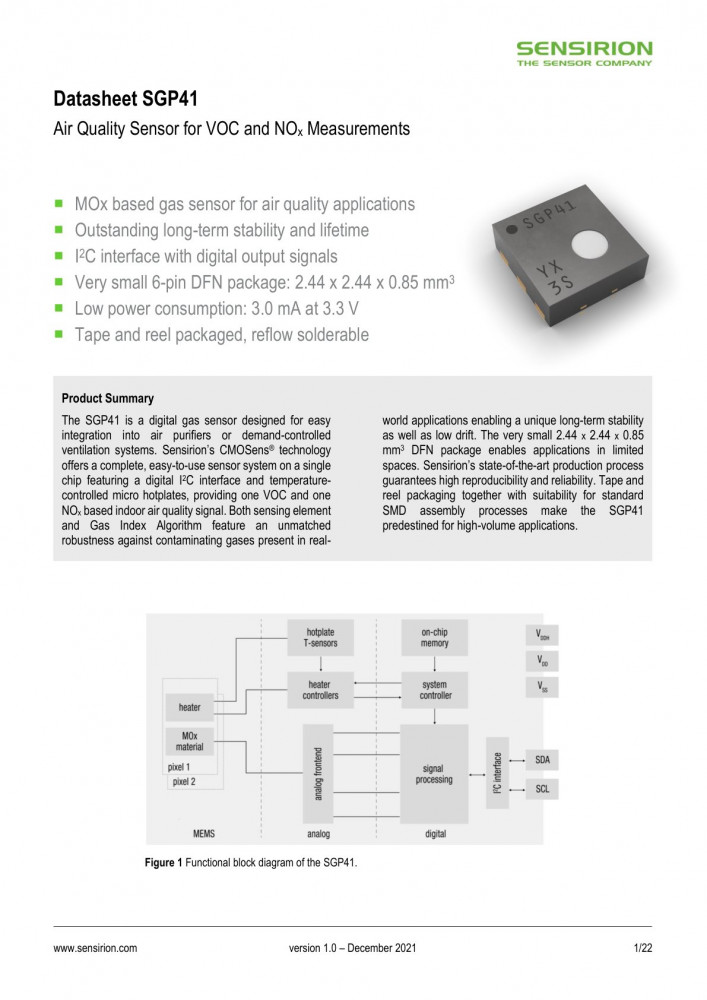 SGP41 datasheet page 1