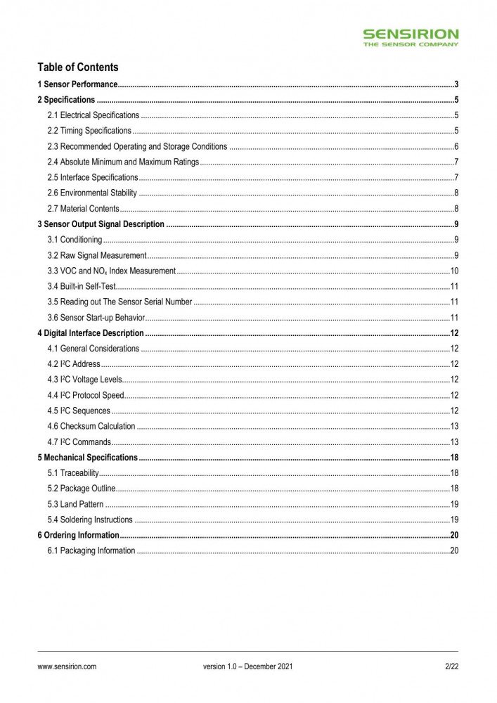 SGP41 datasheet page 2