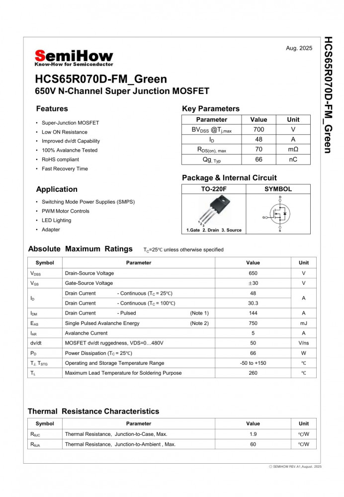 HCS65R070D datasheet page 1