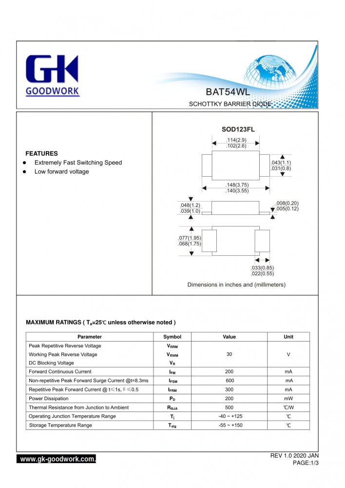 BAT54WL datasheet page 1