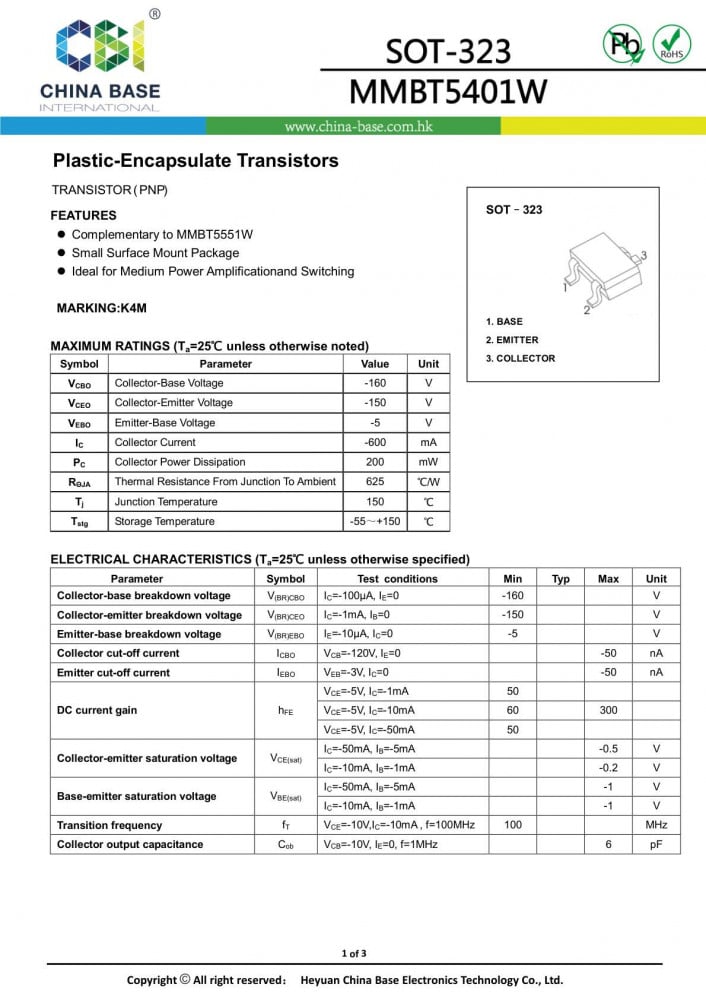 MMBT5401W datasheet page 1