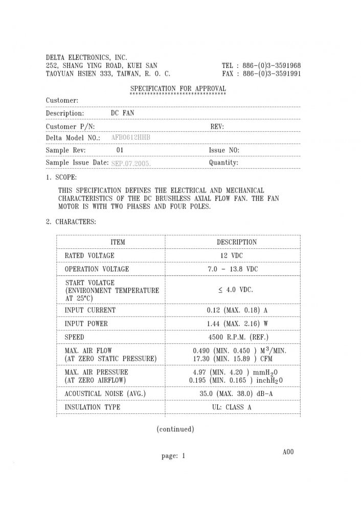 DELTA AFB0612HHB specification page 1