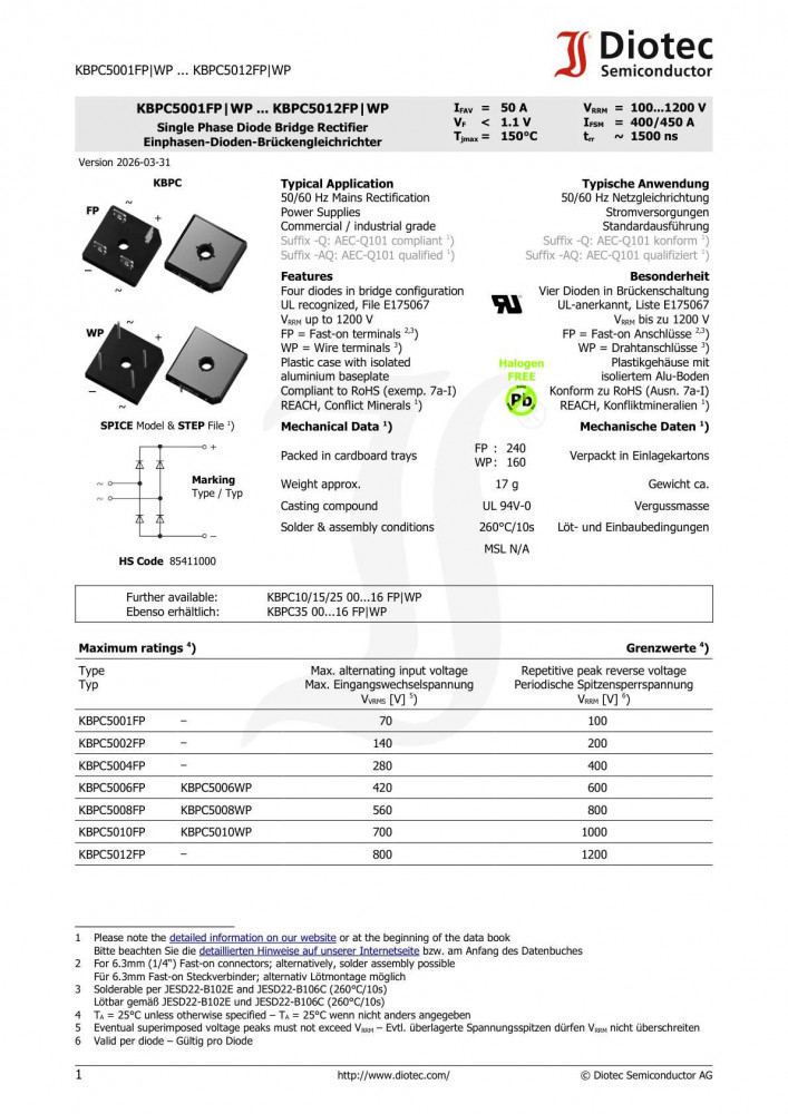 DIOTEC KBPC5004FP datasheet page 1
