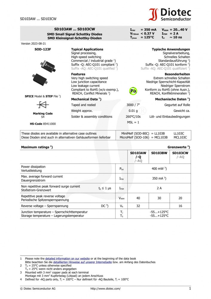 DIOTEC SD103AW-AQ datasheet page 1