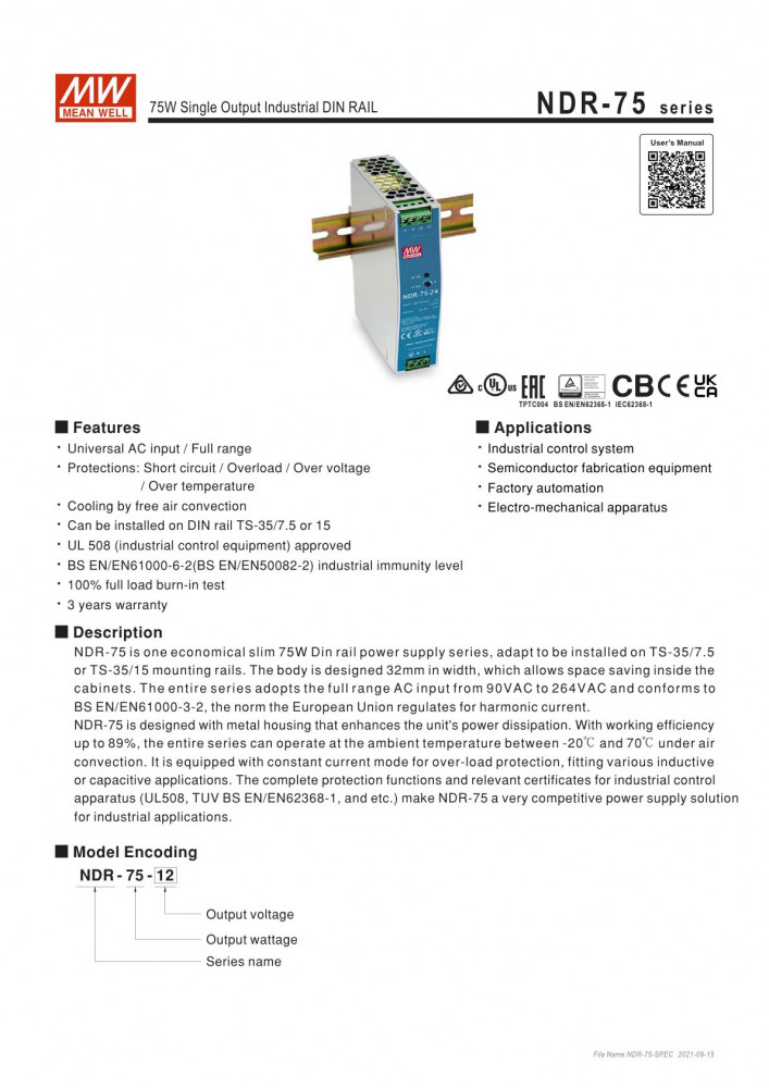 MEAN WELL NDR-75-12 datasheet page 1