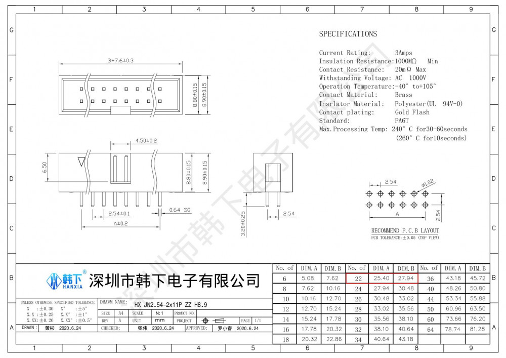 HX JN2.54-2x11P ZZ H8.9 technical drawing
