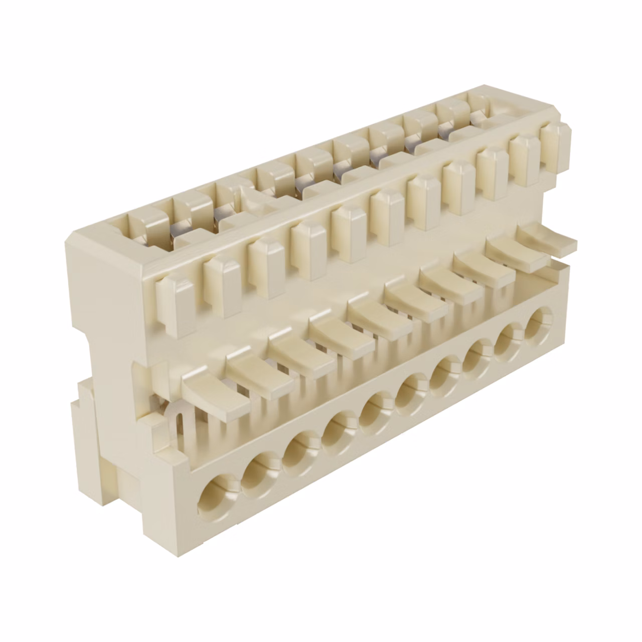Appli-Mate RAST 2.5 Connector, 2.50mm Pitch, Female, 10 Circuits, Circuit 2 and 9 Voided, Latch at Circuit 2 and 9, Open Endwalls, Tin Plating
