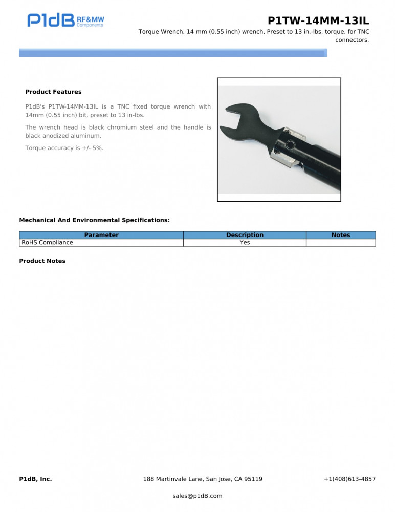 P1dB Inc P1TW-14MM-13IL TNC fixed torque wrench product document image