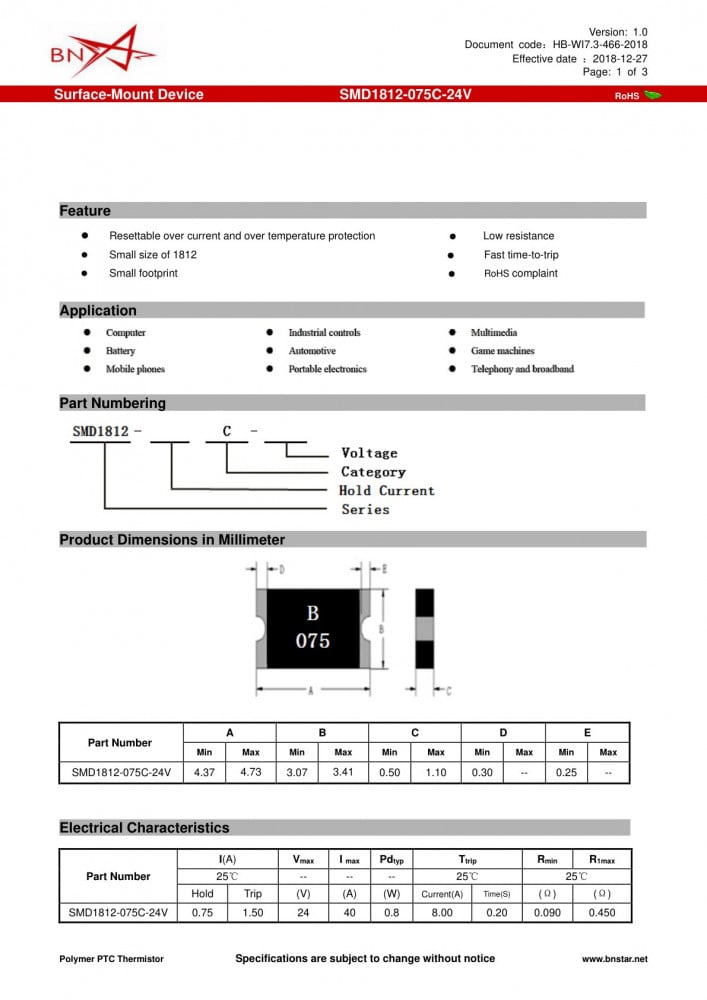 BNstar SMD1812-075C-24V datasheet page 1