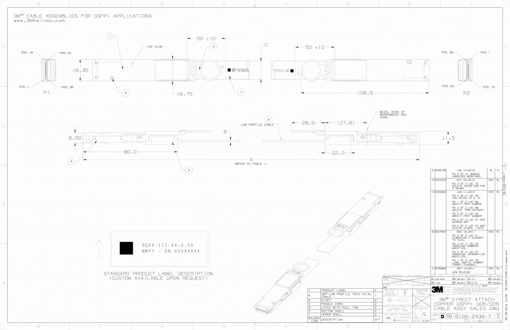 3M 9QA0 series QSFP+ cable assembly engineering drawing page 1