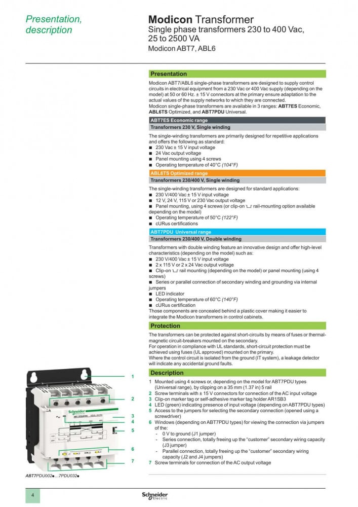 Schneider Modicon transformer documentation page 6