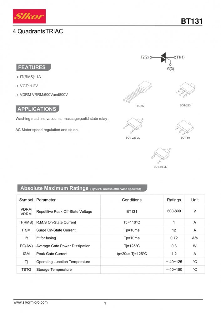 BT131-800 datasheet page 1