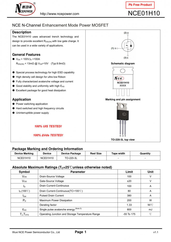 NCE01H10 datasheet page 1