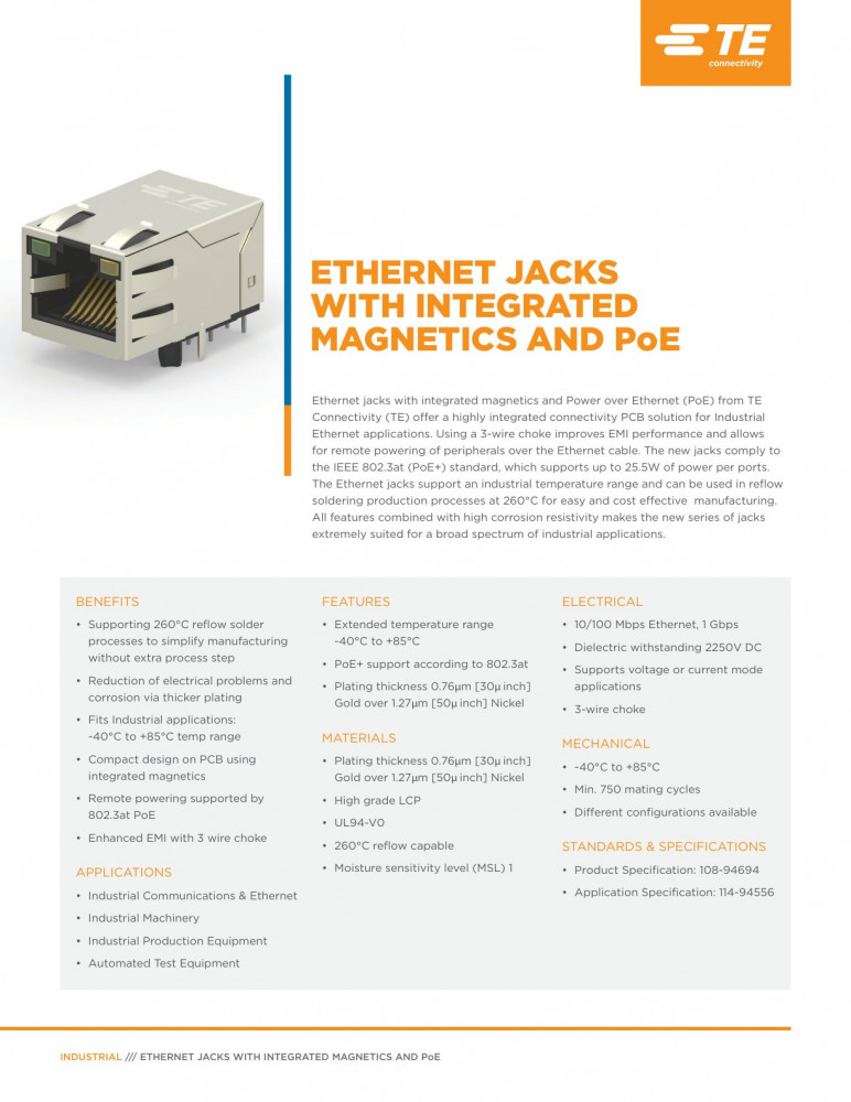 TE Connectivity Ethernet jacks with integrated magnetics and PoE page 1