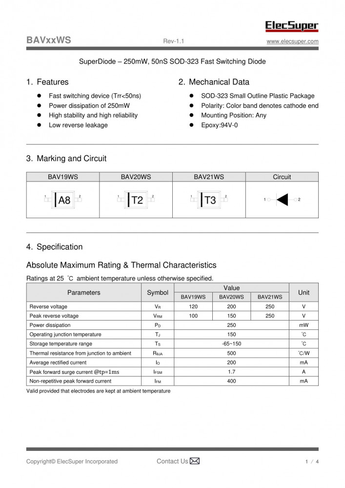 BAV21WS datasheet page 1