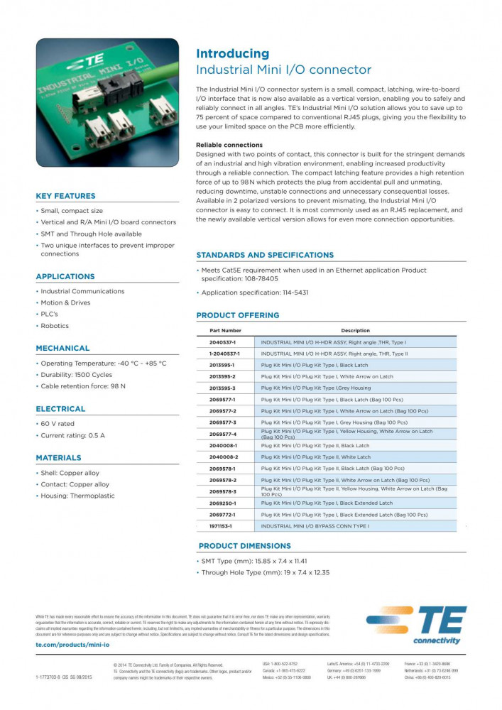 TE Connectivity Industrial Mini I/O technical document preview